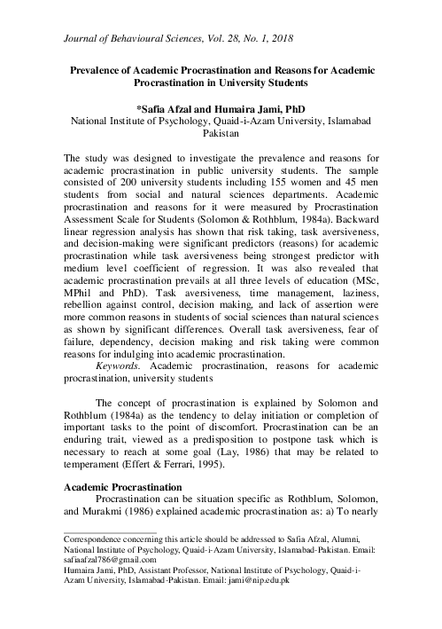 (PDF) Prevalence of Academic Procrastination and Reasons for Academic Procrastination in ...