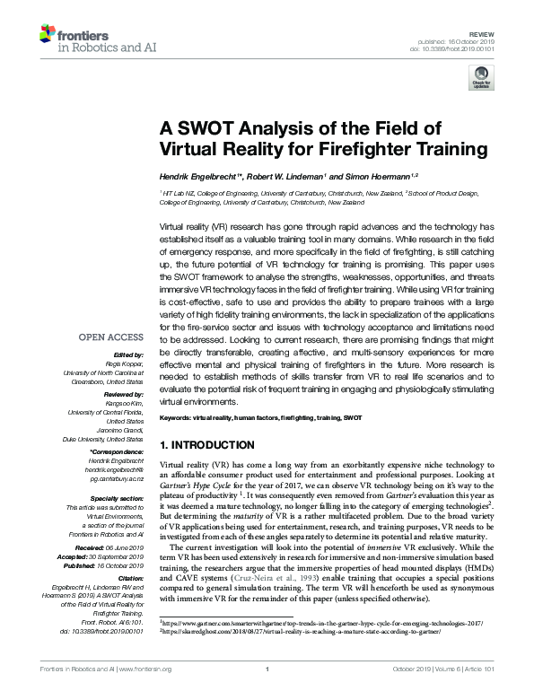 (PDF) A SWOT Analysis of the Field of Virtual Reality for Firefighter ...
