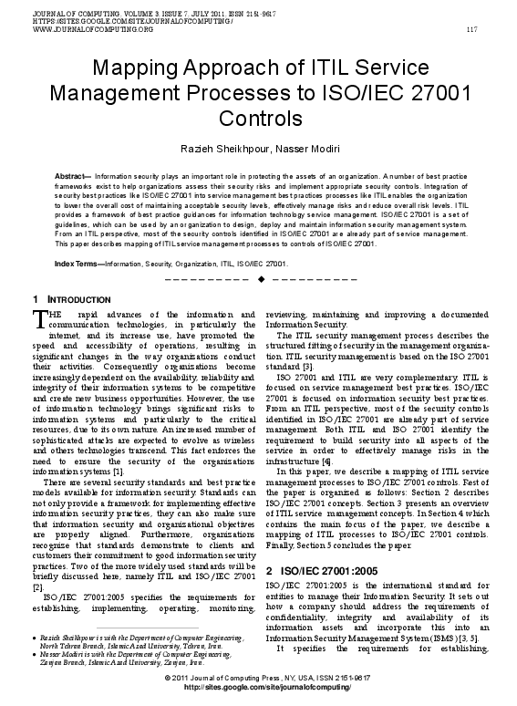 (PDF) Mapping Approach of ITIL Service Management Processes to ISO/IEC 27001 Controls