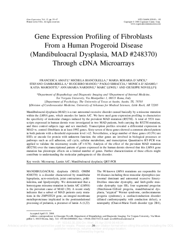 (PDF) Gene Expression Profiling of Fibroblasts From a Human Progeroid Disease (Mandibuloacral ...
