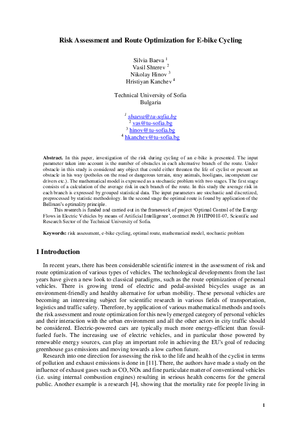 (PDF) Risk Assessment and Route Optimization for E-bike Cycling