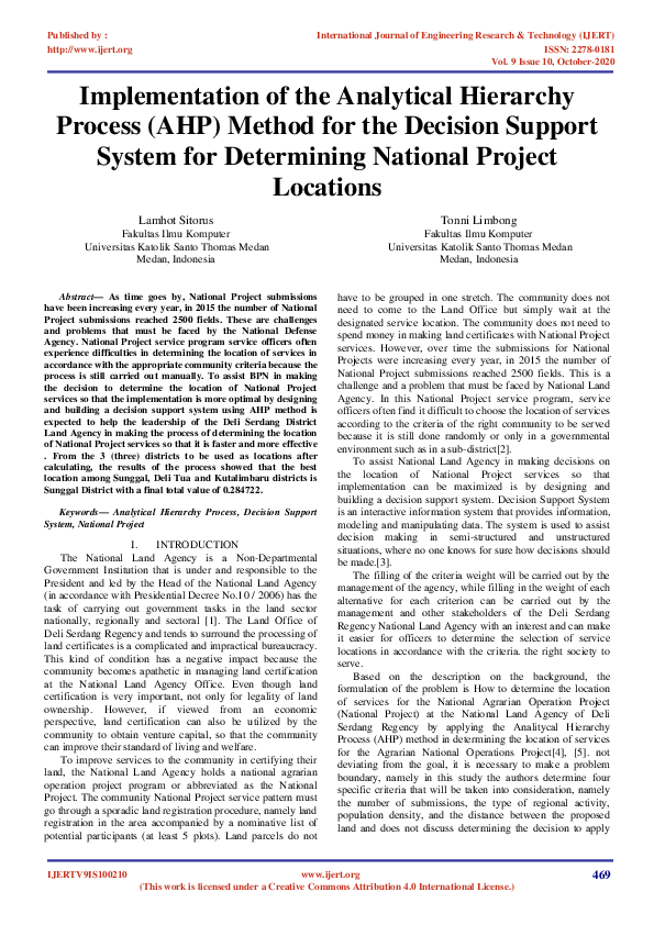 Pdf Implementation Of The Analytical Hierarchy Process Ahp Method