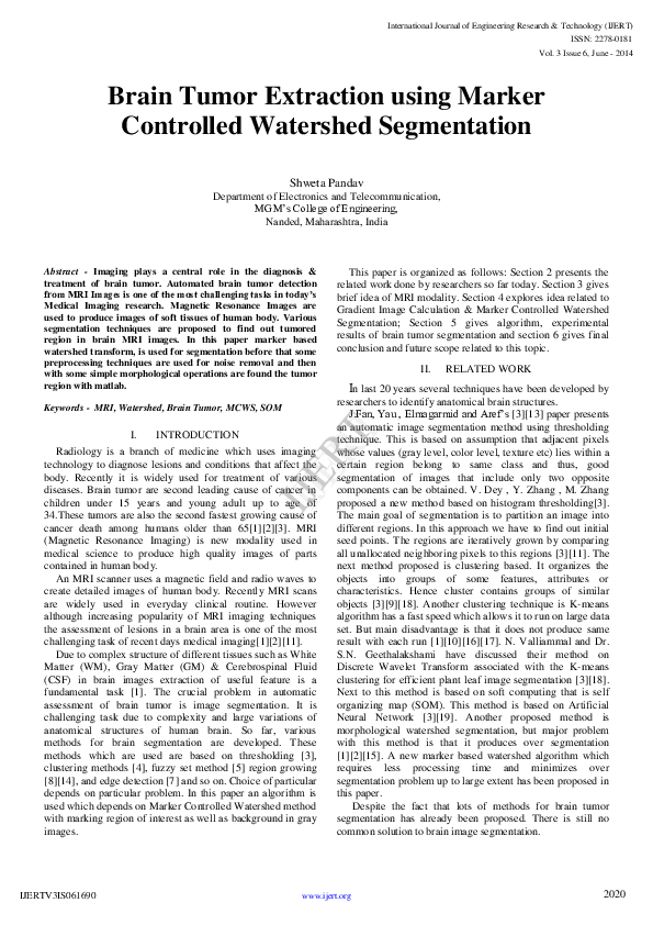 Pdf Brain Tumor Extraction Using Marker Controlled Watershed Segmentation