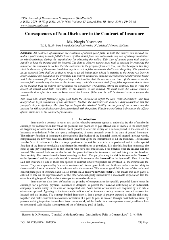 (PDF) Consequences of Non-Disclosure in the Contract of Insurance
