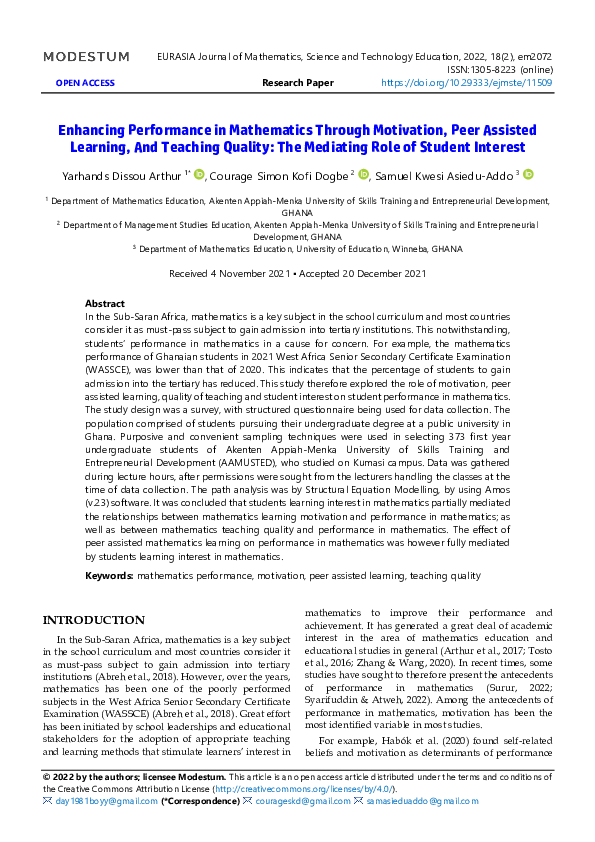 (PDF) Enhancing Performance in Mathematics Through Motivation, Peer ...