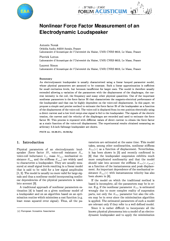 (PDF) Nonlinear Force Factor Measurement of an Electrodynamic Loudspeaker