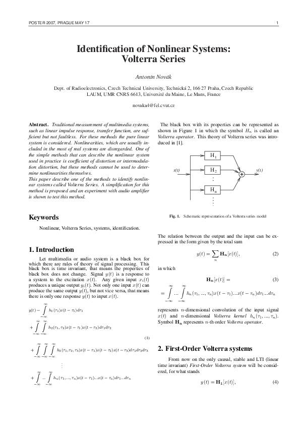 (PDF) Identification of Nonlinear Systems: Volterra Series