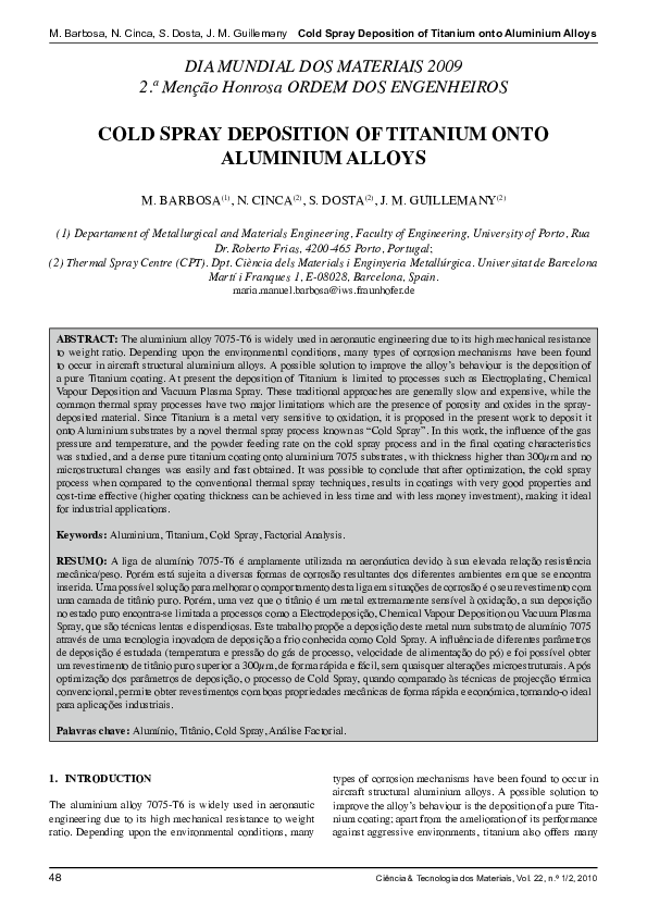 (PDF) Cold Spray Deposition of Titanium onto Aluminium Alloys