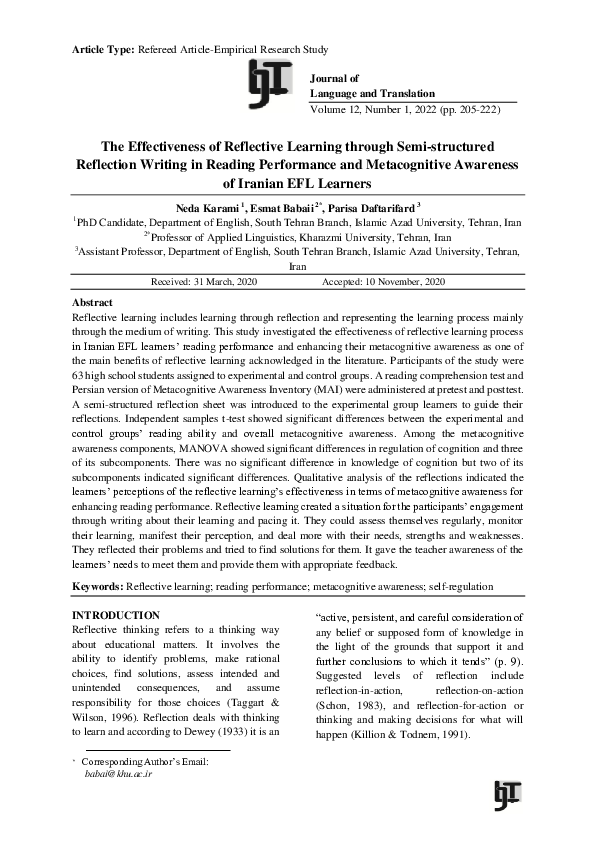 (PDF) The Effectiveness of Reflective Learning through Semi-structured Reflection Writing in ...