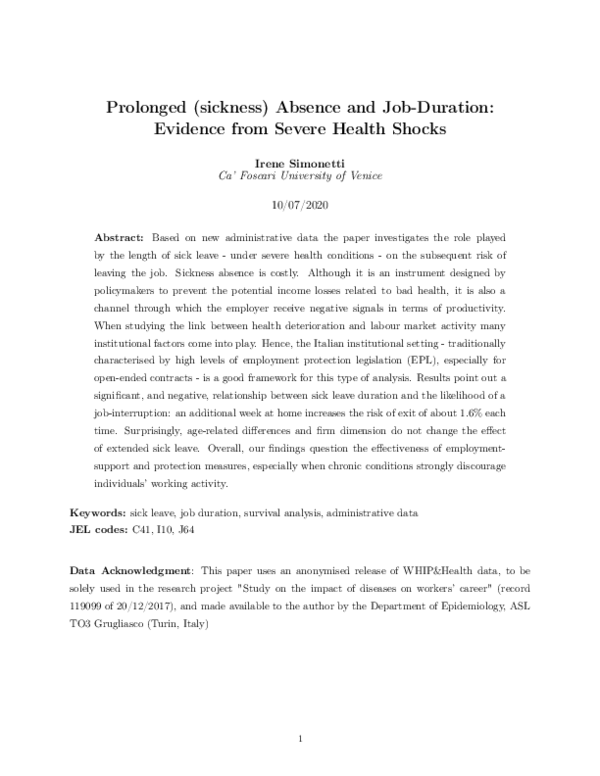 (PDF) Prolonged (sickness) Absence and Job-Duration: Evidence from ...