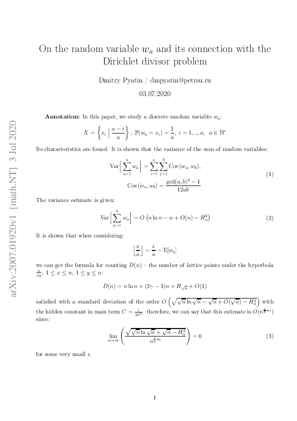 Pdf On The Random Variable Wa And Its Connection With The Dirichlet Divisor Problem Dmitry