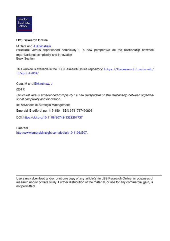 (PDF) Structural Versus Experienced Complexity: A New Perspective on ...