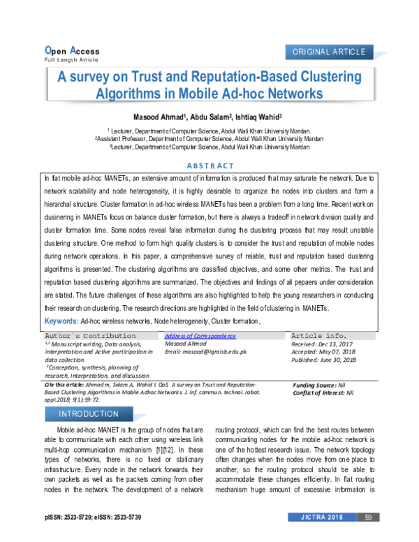 Pdf A Survey On Trust And Reputation Based Clustering Algorithms In Mobile Ad Hoc Networks