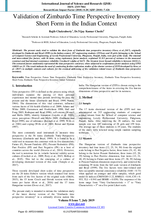 Pdf Validation Of Zimbardo Time Perspective Inventory Short Form In