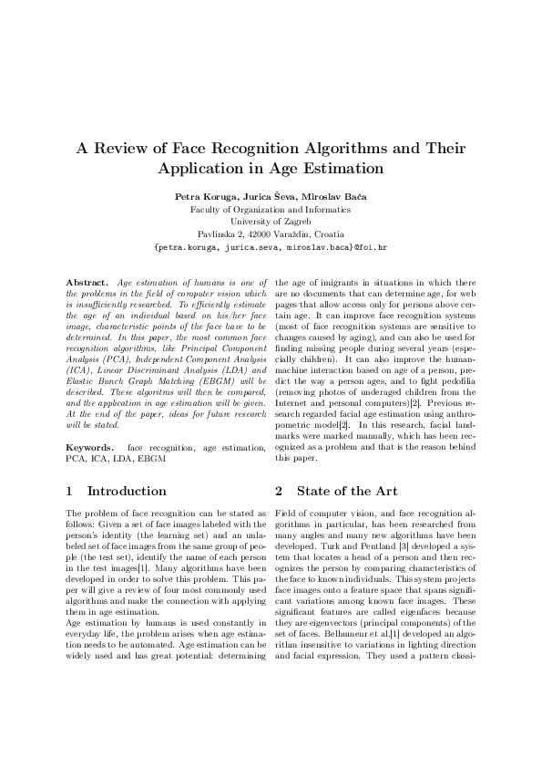 Pdf A Review Of Face Recognition Algorithms And Their Application In Age Estimation