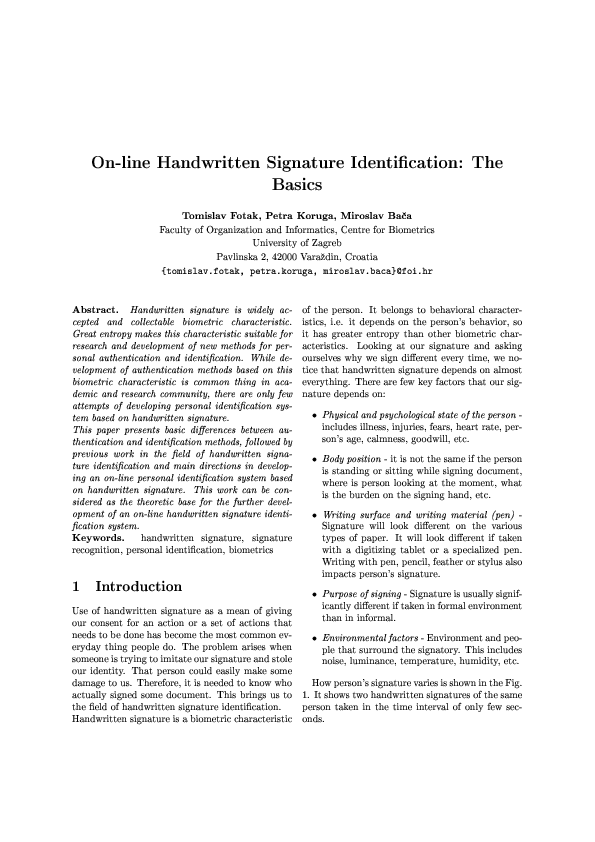 (PDF) On-line Handwritten Signature Identification: The Basics