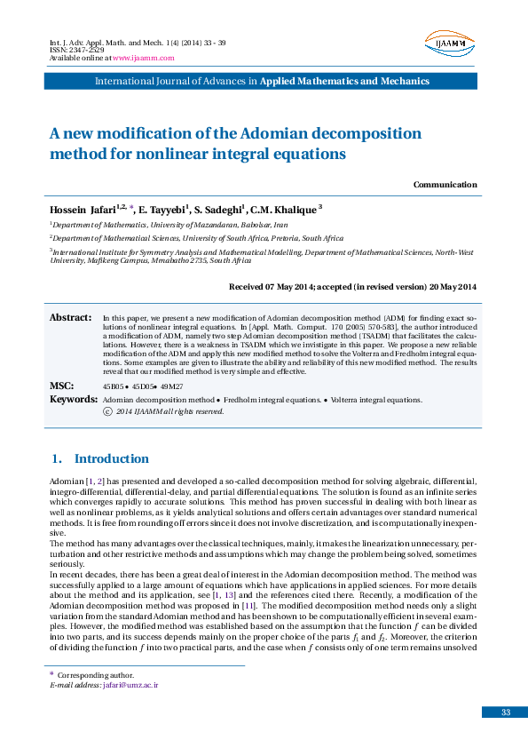 (PDF) A new modification of the Adomian decomposition method for nonlinear integral equations