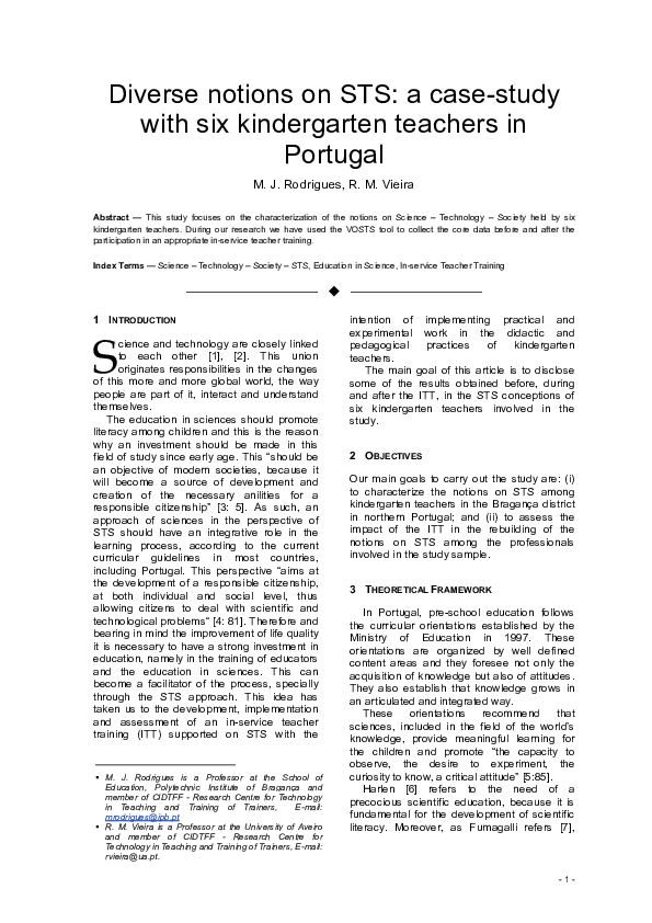 (PDF) Diverse notions on STS: a case-study with six kindergarten teachers in Portugal