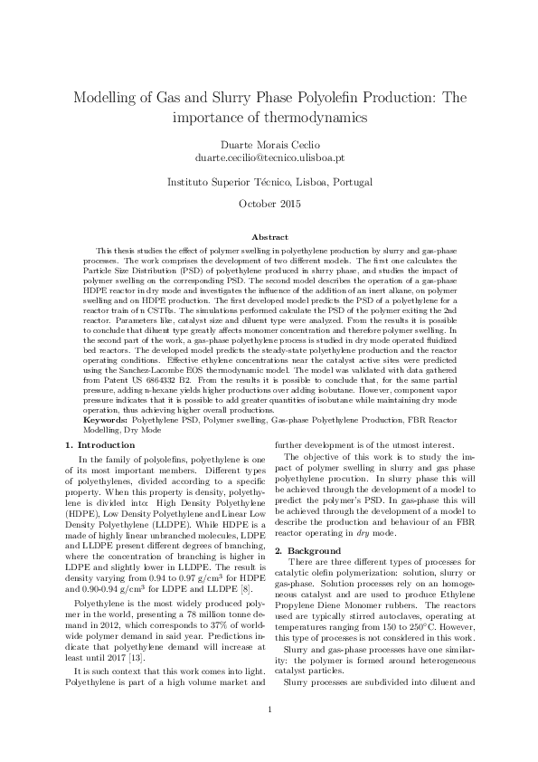 (PDF) Modelling of Gas and Slurry Phase Polyolefin Production : The ...