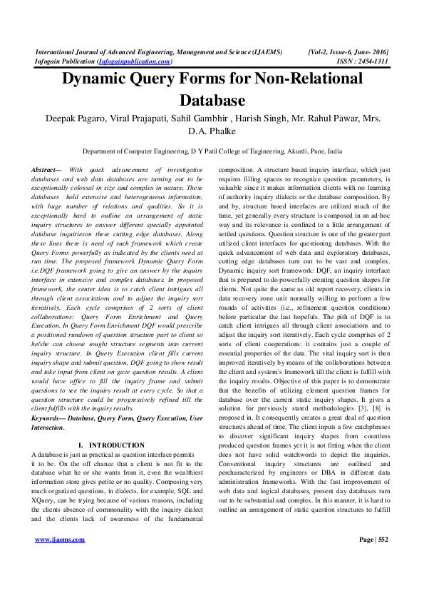 Pdf Dynamic Query Forms For Non Relational Database