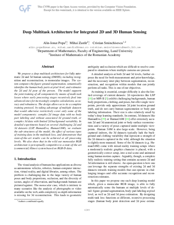 (PDF) Deep Multitask Architecture for Integrated 2D and 3D Human Sensing