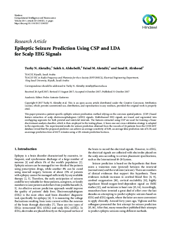 Pdf Epileptic Seizure Prediction Using Csp And Lda For Scalp Eeg Signals