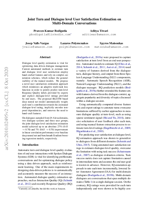 (PDF) Joint Turn and Dialogue level User Satisfaction Estimation on Multi-Domain Conversations