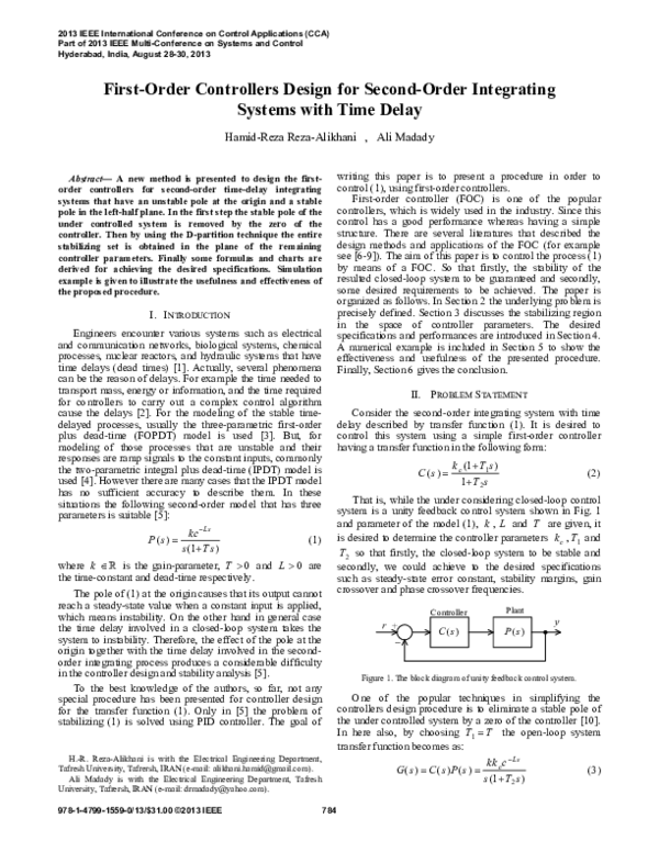 (PDF) First-order controllers design for second-order integrating systems with time delay