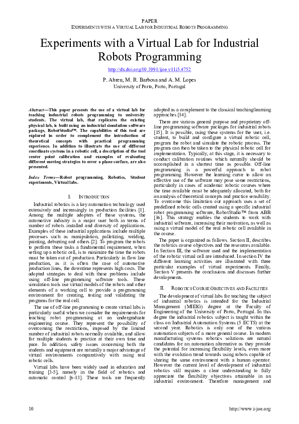 (PDF) Experiments with a Virtual Lab for Industrial Robots Programming