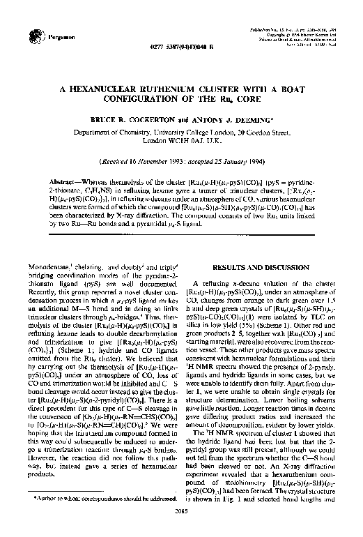 (PDF) A hexanuclear ruthenium cluster with a boat configuration of the ...
