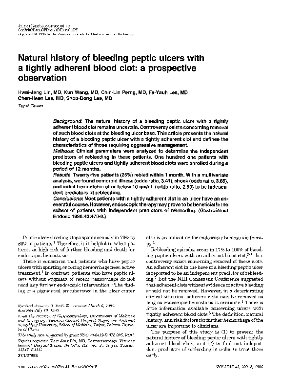 (PDF) Natural history of bleeding peptic ulcers with a tightly adherent ...