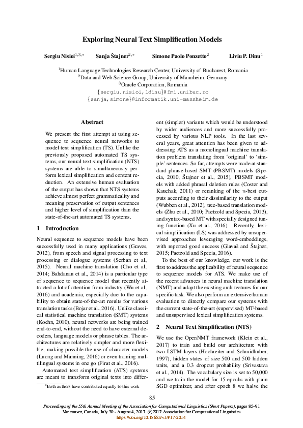 Pdf Exploring Neural Text Simplification Models