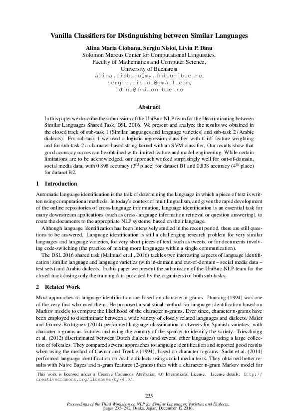 (PDF) Vanilla Classifiers for Distinguishing between Similar Languages