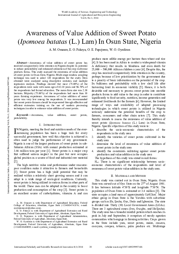 (PDF) Awareness of Value Addition of Sweet Potato (Ipomoea batatas (L ...