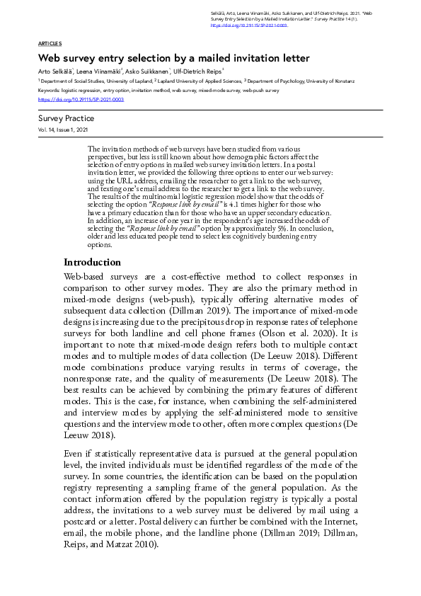 (PDF) Web survey entry selection by a mailed invitation letter