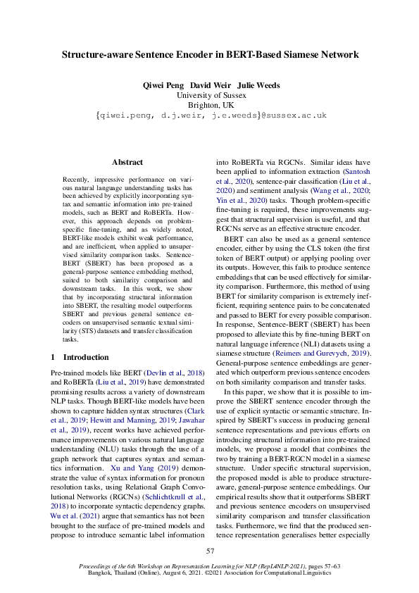 Structure Aware Sentence Encoder In Bert Based Siamese Network