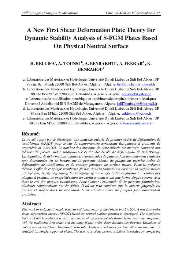 (PDF) A new first shear deformation plate theory for dynamic stability ...