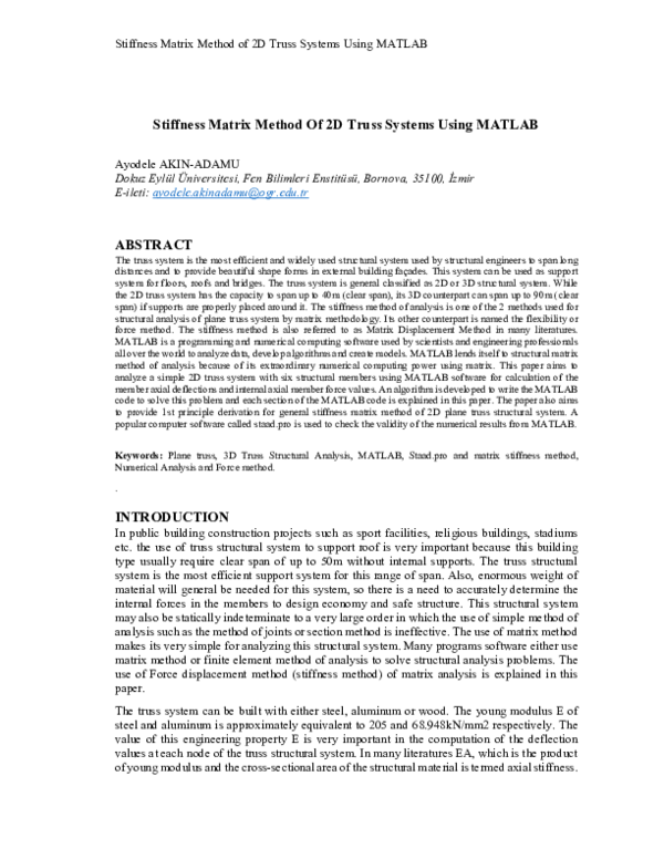 Pdf Stiffness Matrix Method Of 2d Truss Systems Using Matlab 7987