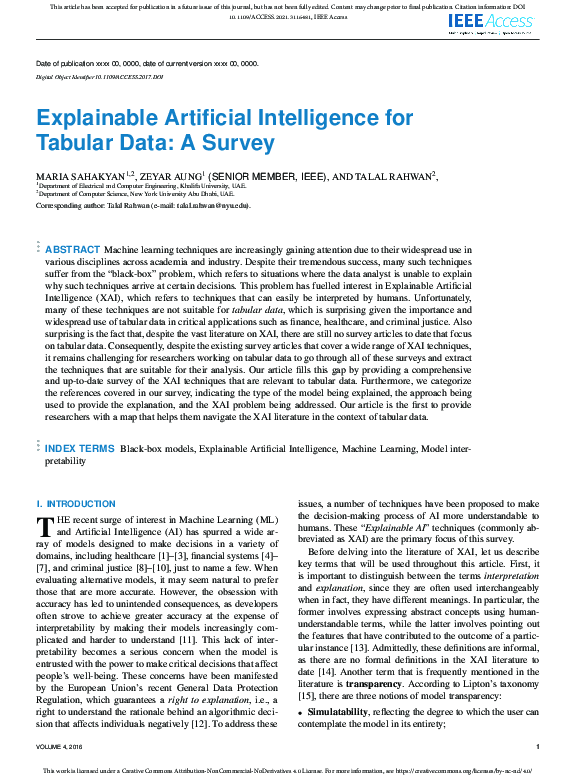 (PDF) Explainable Artificial Intelligence for Tabular Data: A Survey