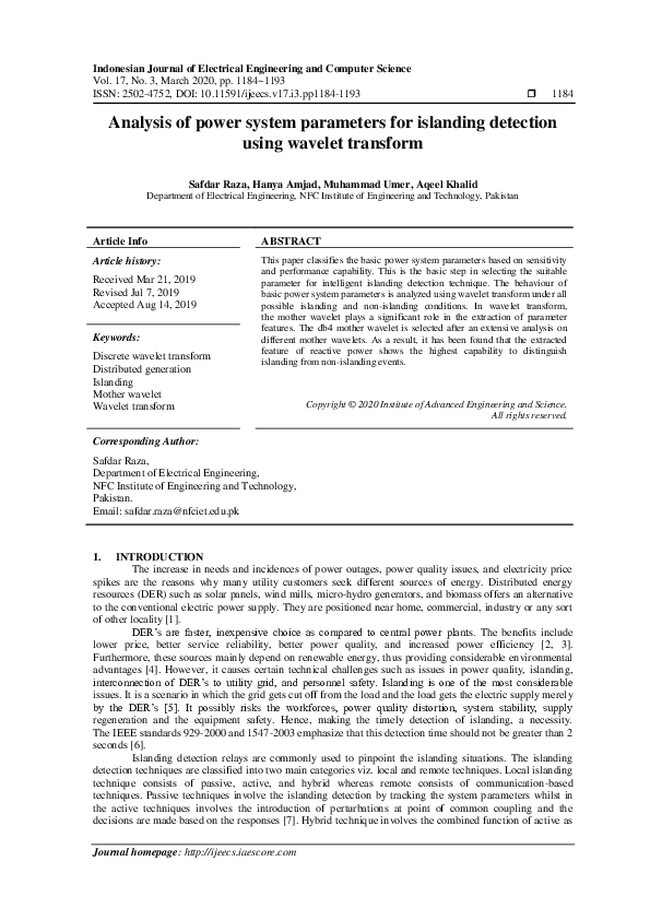 (PDF) Analysis of power system parameters for islanding detection using wavelet transform