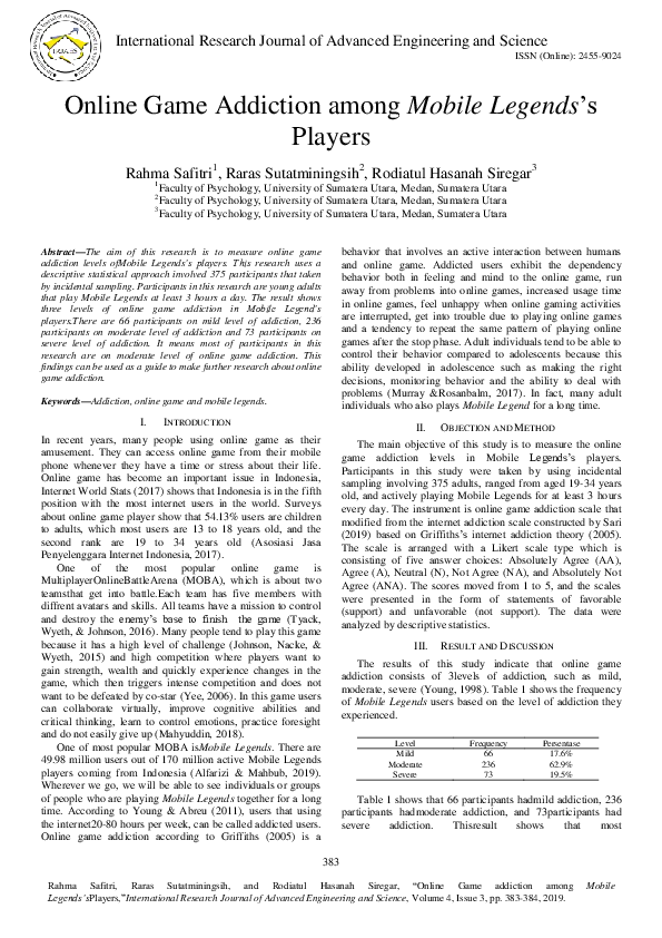 (PDF) Online Game Addiction among Mobile Legends's Players