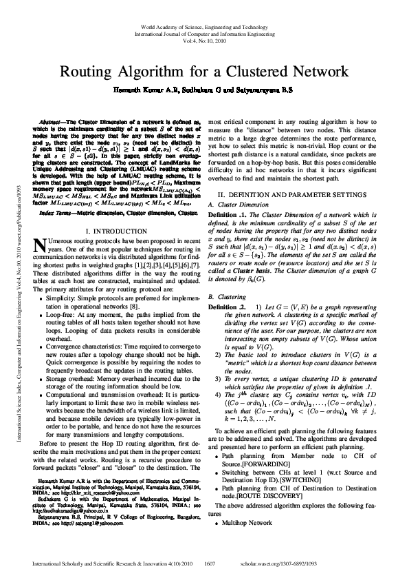 (PDF) Routing Algorithm for a Clustered Network