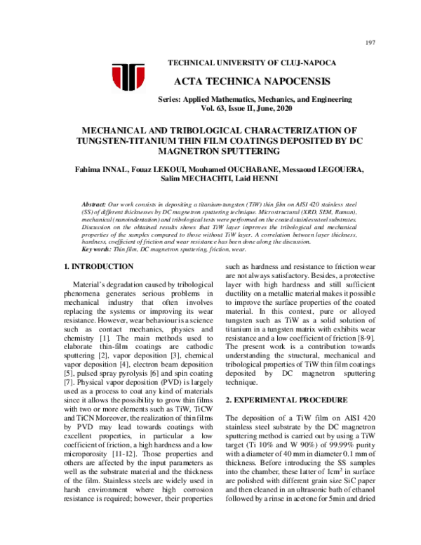 (PDF) Mechanical and Tribological Characterization of Tungsten-Titanium Thin Film Coatings ...