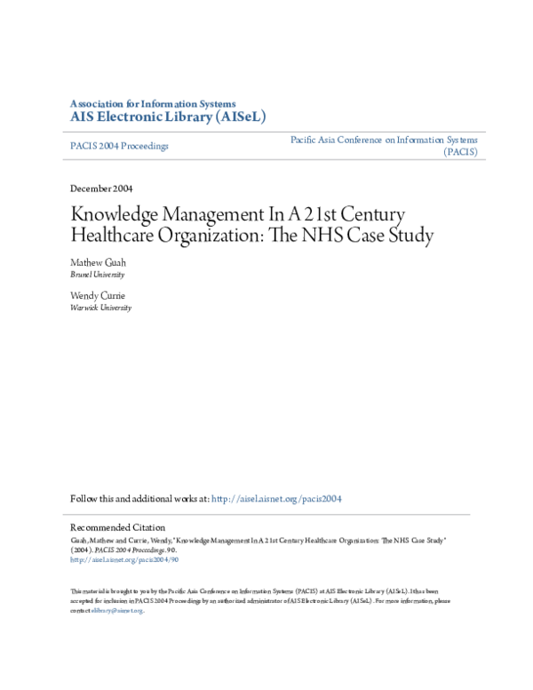 (PDF) Knowledge Management In A 21st Century Healthcare Organization ...