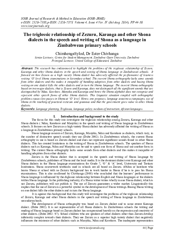 (PDF) The triglossic relationship of Zezuru, Karanga and other Shona ...