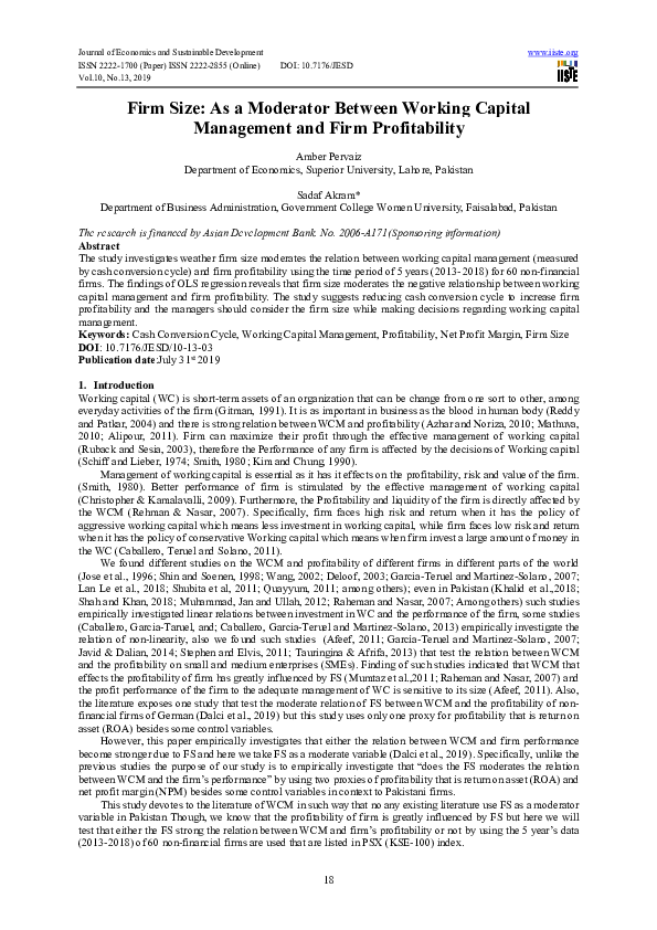 (PDF) Firm Size: As a Moderator Between Working Capital Management and Firm Profitability