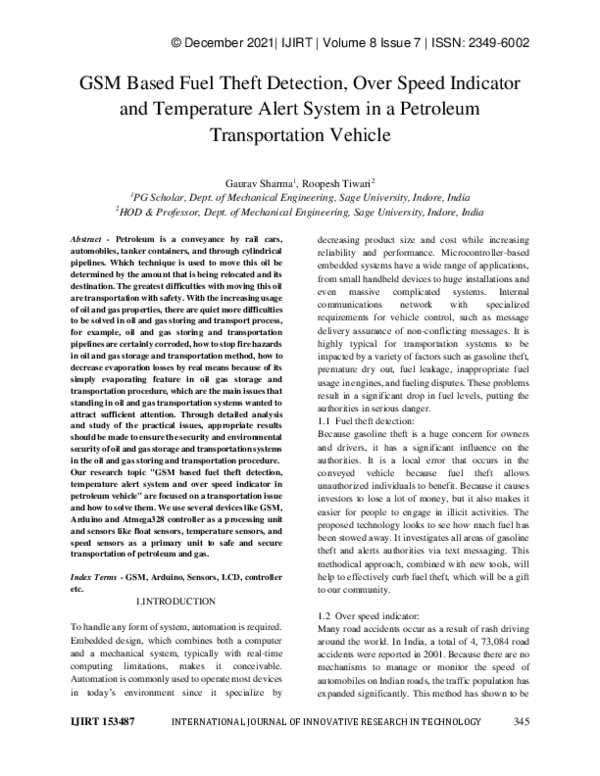 (PDF) GSM Based Fuel Theft Detection, Over Speed Indicator and ...