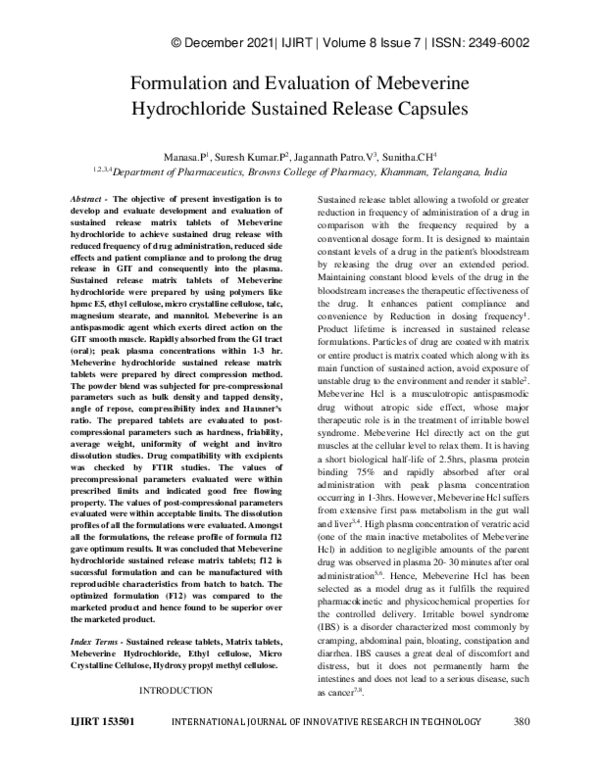 Pdf Formulation And Evaluation Of Mebeverine Hydrochloride Sustained Release Capsules