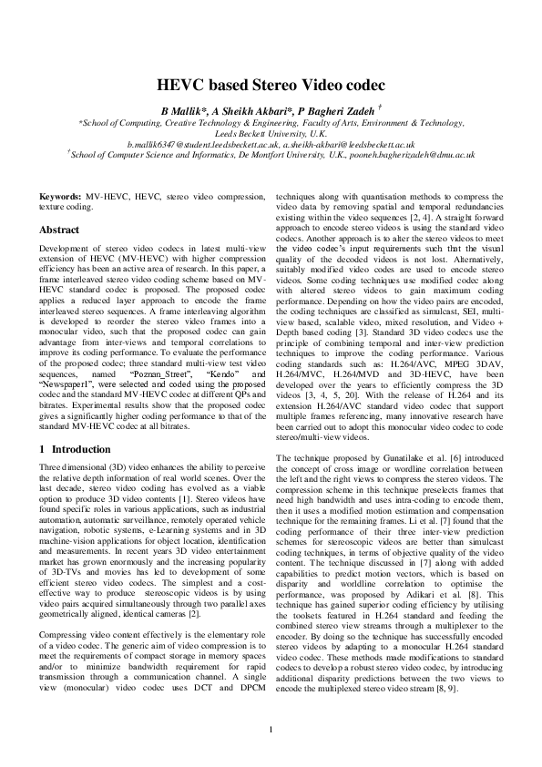 (PDF) HEVC based Stereo Video codec