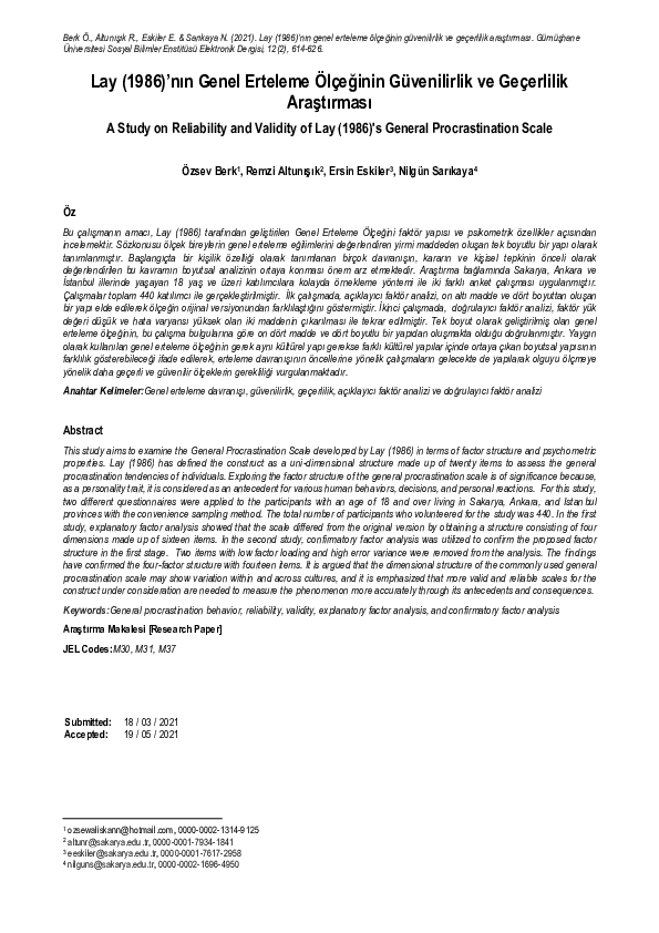 (PDF) Lay (1986)'nın Genel Erteleme Ölçeğinin Güvenilirlik ve ...
